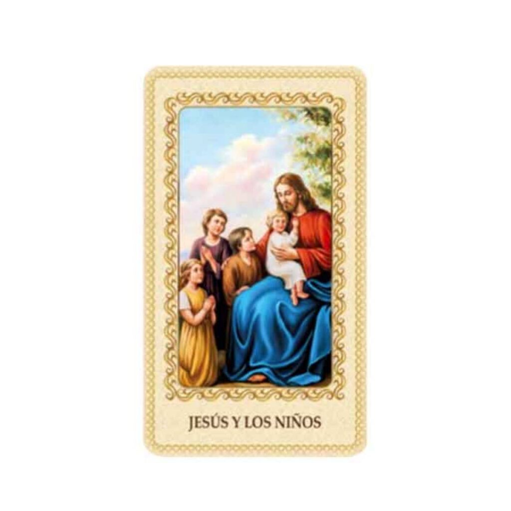 Estampa de Jesus y los Niños plastificada con oracion – Estampería San José