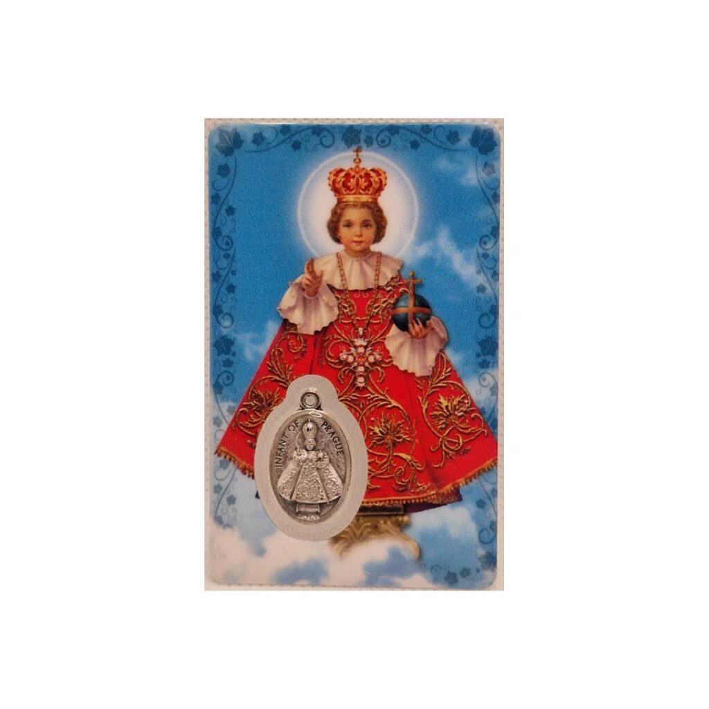 Estampa del Niño Jesus de Praga con medalla y oracion – Estampería San José