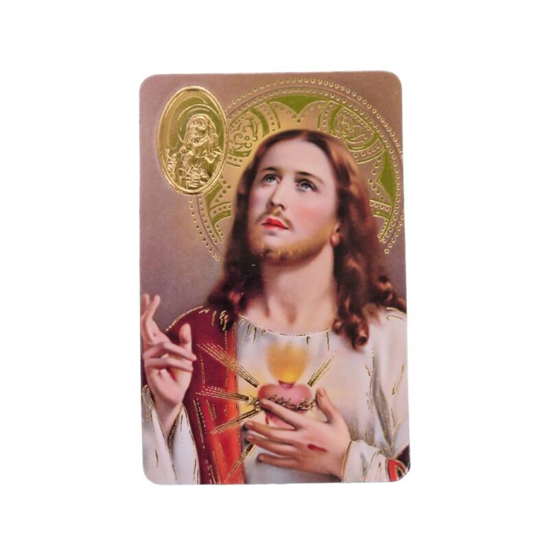 Estampa del Sagrado Corazon de Jesus con medalla dorada y oracion ...