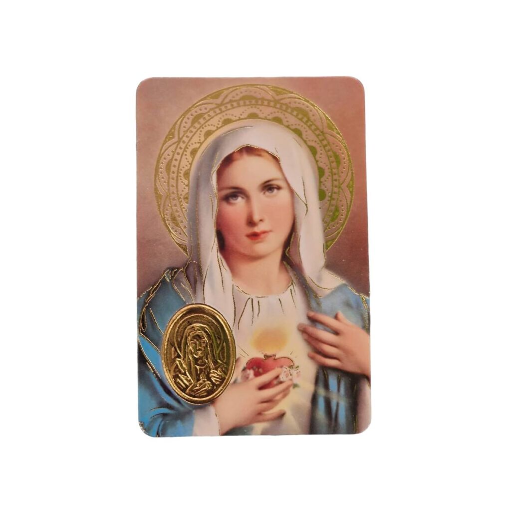Estampa del Sagrado Corazon de Maria con medalla dorada y oracion ...