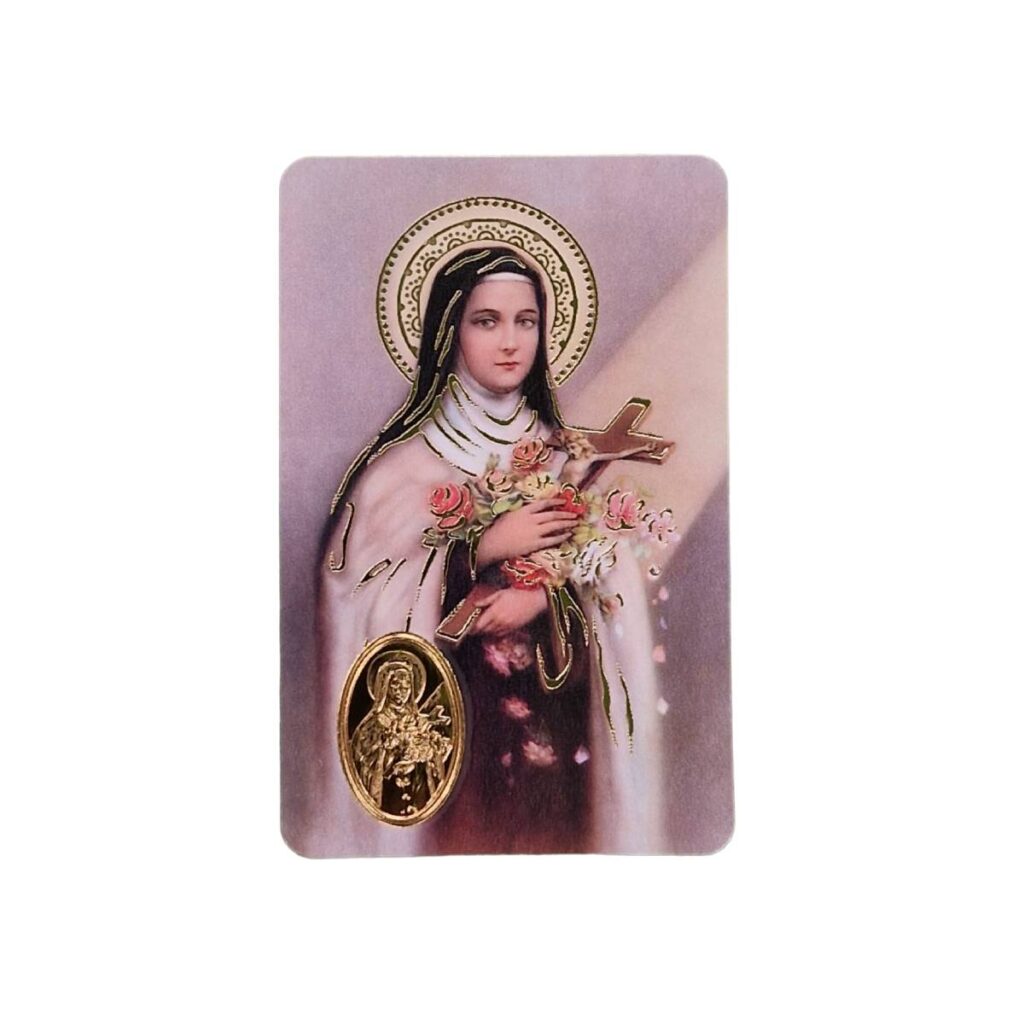 Estampa de Santa Teresita del Niño Jesus con medalla dorada y oracion ...