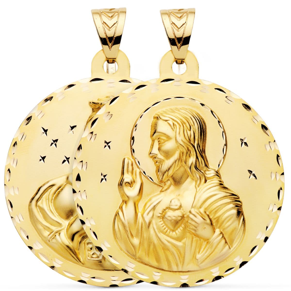 18K MEDALLA ESCAPULARIO TALLADO VIRGEN DEL CARMEN Y CORAZON DE JESUS 55 ...